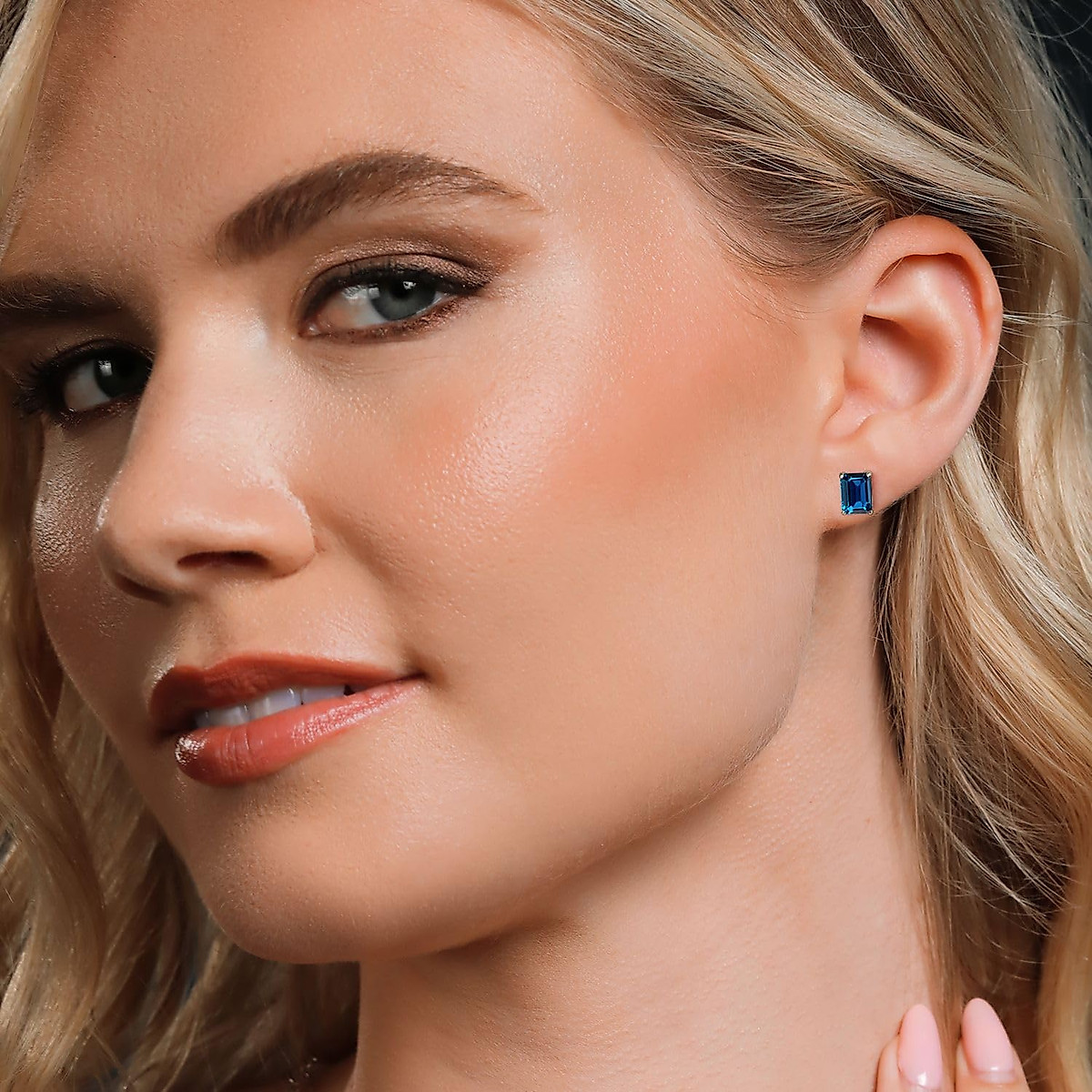 Gem Stone King 14K White Gold Gemstone Birthstone Stud Earrings | Emerald Cut 8X6MM | White Gold Earrings For Women