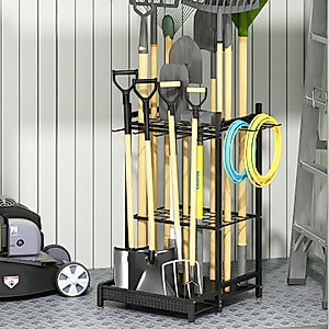 GILLAS Garden Tool Organizer for Garage, Utility Storage Racks with Hooks, Metal Yard Tool Stand Holder Organizer for Long-Handled, Broom, Shovel, Rake, Sturdy Heavy Rack for Outdoor, Yard, Black