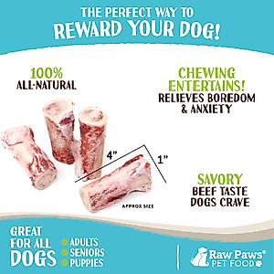 Raw Paws Pet 4-inch Beef Whole Raw Frozen Marrow Bones for Dogs Large, 12-ct - Made in USA Frozen Raw Bones for Dogs - Raw Meaty Dog Bones for Large Dogs - Raw Dog Bones - Beef Marrow Bones Dogs Raw