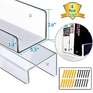 Acrylic Floating Wall Shelves 4 Pack Kids Bookshelf 24 Inch, Wall Mounted Invisible Ledge Shelf, Spice Rack, 4MM Thick Clear Bathroom Storage Shelves Display Organizer Toy Picture with 12 Screws