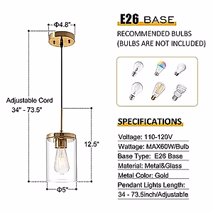 OUVR Gold Pendant Light Fixtures,5 Inch Globe Pendant Lights Kitchen Island with Clear Glass, Hanging Lights for Kitchen Island, Dining Room, Bedroom, Hallway, Farmhouse - 1 Pack