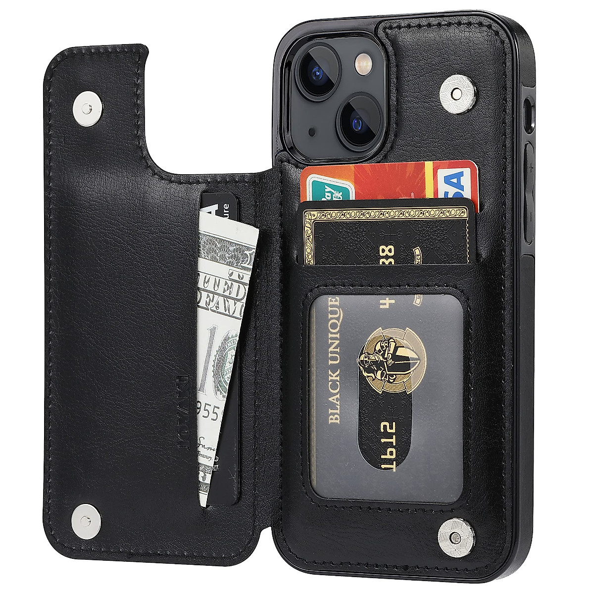 JOYAKI Wallet Case Compatible with iPhone 13,Slim Protective case with Card Holder,PU Leather Kickstand Card Slots Case with a Free Screen Protective Glass for iPhone 13(6.1")-Black