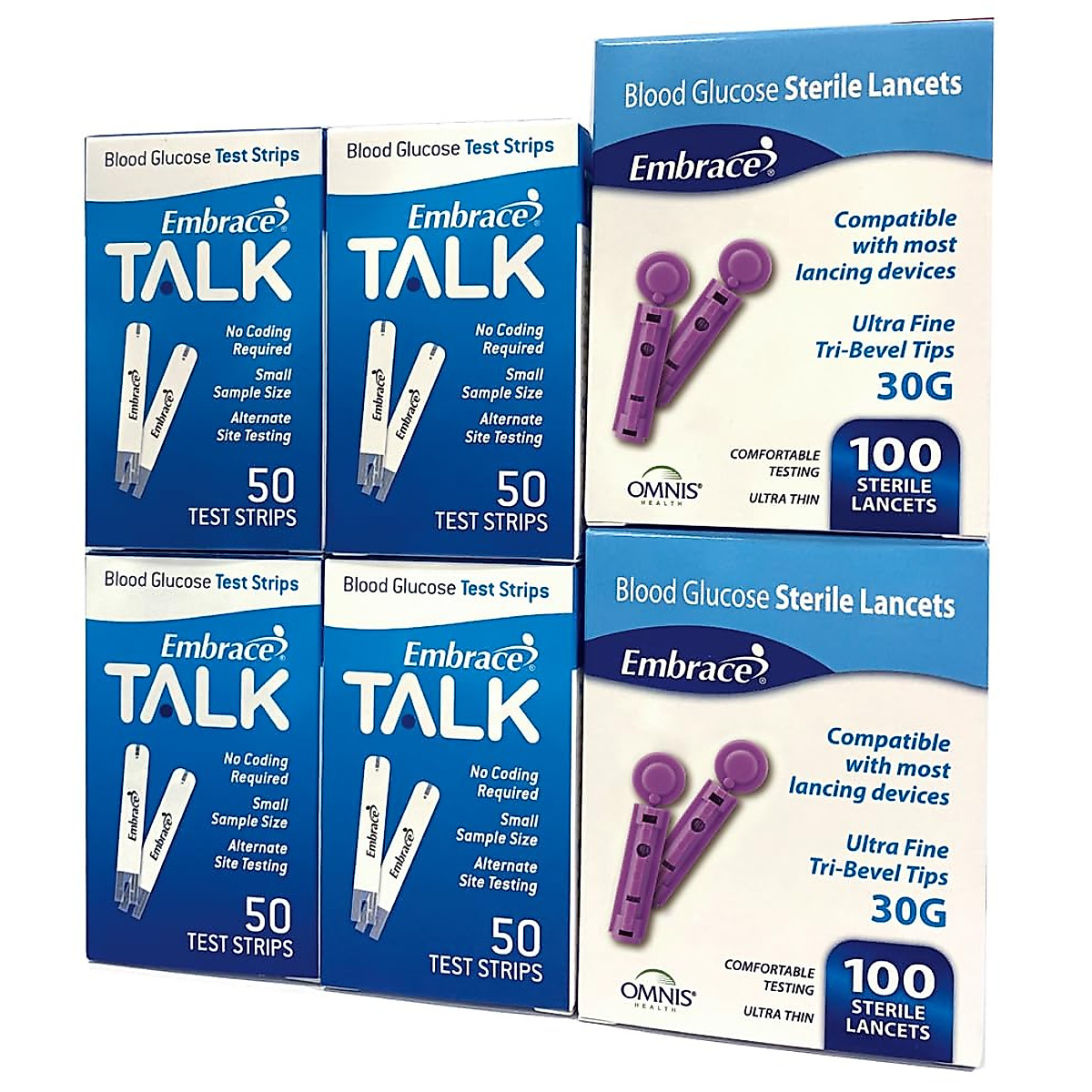 200 Embrace Talk Blood Glucose Test Strips includes 200 30g Lancets