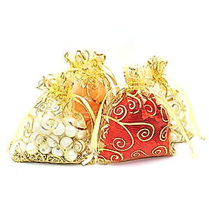 Staruby 100Pcs Gold Organza Bags 3x4 Inches Rattan Printed Organza Gift Bags Mesh Favor Bags Drawstring Jewelry Gift Pouches for Wedding Party Favors Baby Shower Christmas Gifts Candy Bags