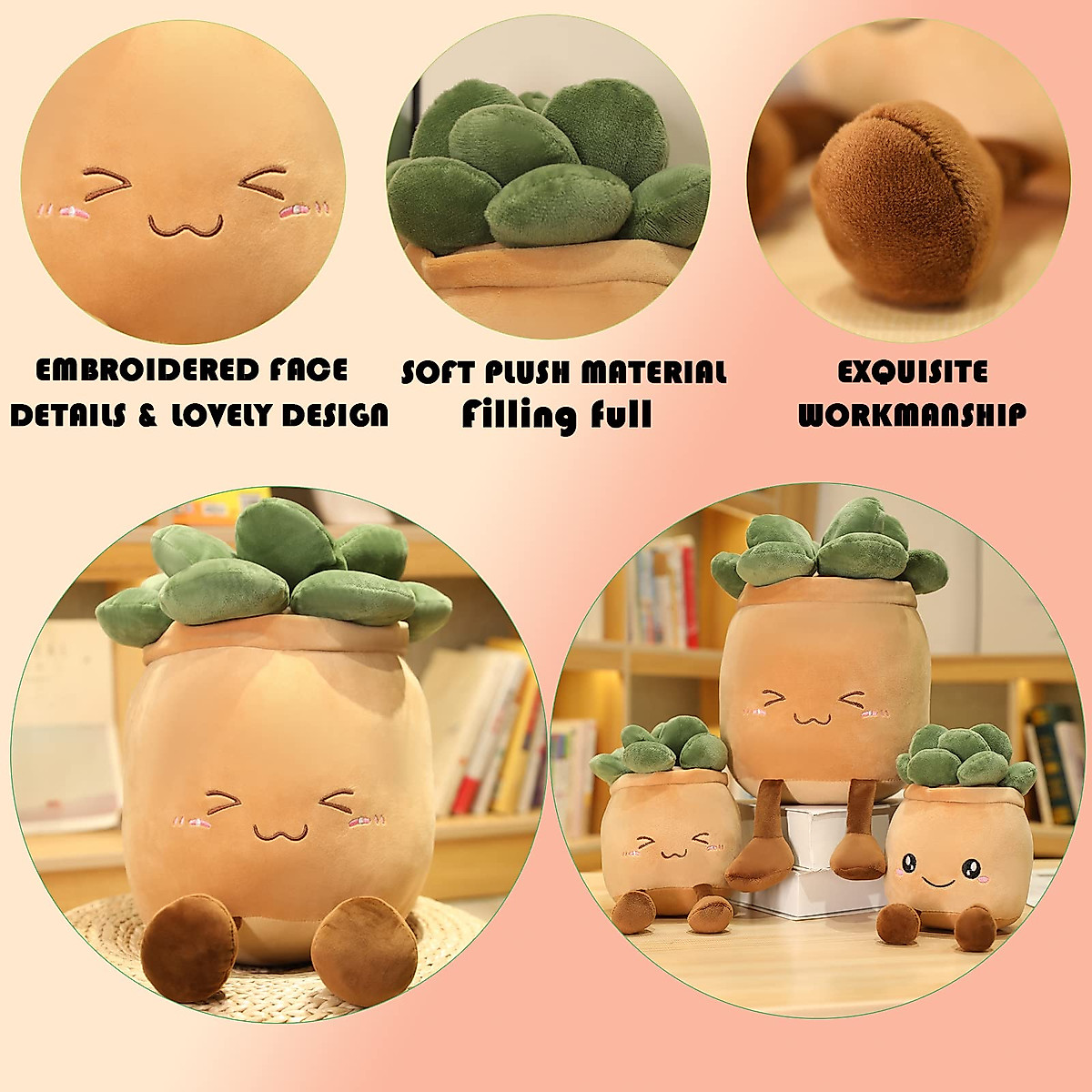 SQEQE Plant Plush Toy, Plant Stuffed Animals Succulents Plush Pillow Decoration, Soft Plant Plush Pillow, Succulents Plant Throw Pillow Gift for Kids Boys Girls (Smile 1, 9.5'')