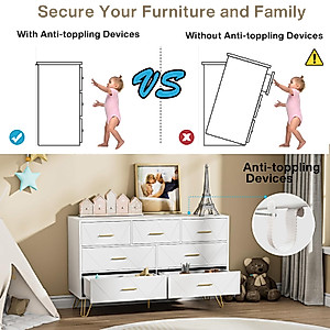 JOZZBY White Dresser for Bedroom, 7 Drawer Wooden Dresser with Gold Handles, Modern Storage Dressers & Chests of Drawers for Hallway, Entryway