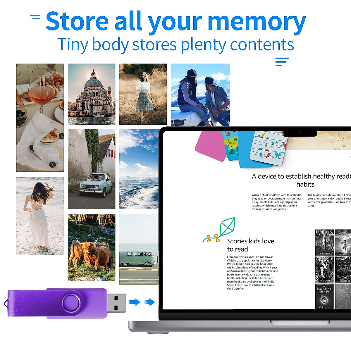 ERKE 2GB USB 2.0 Flash Drive 5 Pack Portable Thumb Drives Swivel Jump Drive Zip Drive Memory Sticks with Type-C/Micro USB Adapter for PC/Laptop(Purple 2GB)