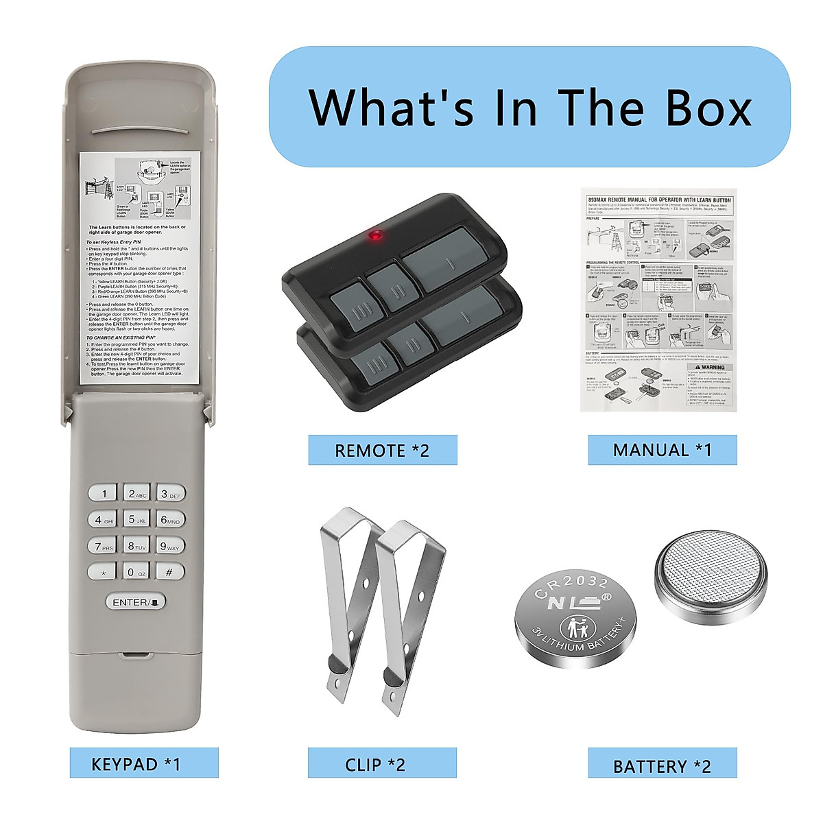 MIV 877MAX Garage Door Keypad, with 2 Pack 893MAX Opener Remote, Compatible with LiftMaster/Chamberlain/Craftsman Garage Door Opener Since 1993