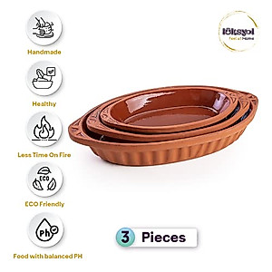 Luksyol Terracotta Oval Oven Tray (WH) With Handles, Pan for Mexican Indian Korean Dishes, Handmade Cookware, Glazed Clay Pot For Oven, Clay Pot For Cooking, Clay Pan For Cooking, Brown Oven Pot Set 3 Pcs