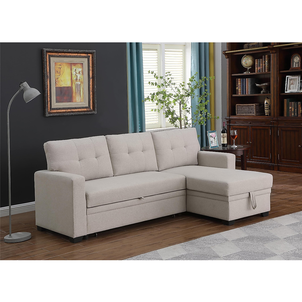 Wakefit Sectional Sofa Couch, 4-in-1 Sleeper Sofa Bed with Reversible Storage Chaise Pull Out Couch for Living Room | Hidden Stroge | Pull Out Bed | Removable Backrest | Linen Fabric, Beige