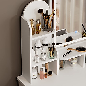 AIEGLE Vanity Desk Set with Lighted Rectangular Mirror, 3 Colors LED Lighted Makeup Vanity Drawer Dressing Table with Open Shelves & Cushioned Stool, Vanity Stool Set, White - Rectangular Mirror