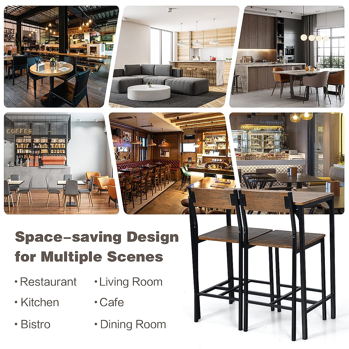 COSTWAY 3 Pieces Bar Table Set, Pub Table Set W/Heavy Duty Steel Frame, Modern Industrial-Style Table & Chair Set for Kitchen, Dining Room, Breakfast Nook, Bistro, Easy Assembly