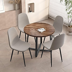 INO Design Modern 35'' Walnut Wooden Round Dining Table Set for 4 - Space Saving, Leisure Coffee Kitchen Dinette, Sturdy Black Metal Legs - Ideal for Small Apartment, Home, or Restaurant (Table Only)