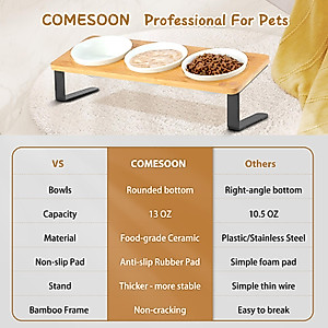 3 Elevated Cat Bowls Tilted Anti Vomiting Ceramic Raised Cat Food Bowls for Food and Water, Cat Dishes for Indoor Cats with Non-Slip Stand & Bamboo Board, Dishwasher Safe - 1 Step Assemble