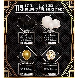 100pc EASY DIY – Black White Gold Balloon Garland Kit & Arch – Small and Large Black White and Gold Balloons with Confetti – Black and Gold Party Decorations for Graduations, New Years, Birthday