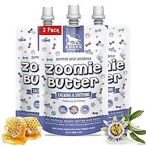 Zoomie Butter Stress & Anxiety Dog Peanut Butter Squeeze Supplement, All Natural Calming Dog Treat. Human Grade & Safe Puppy Food, Passion Flower for Separation Anxiety, Behavior Aid, USA Grown & Made