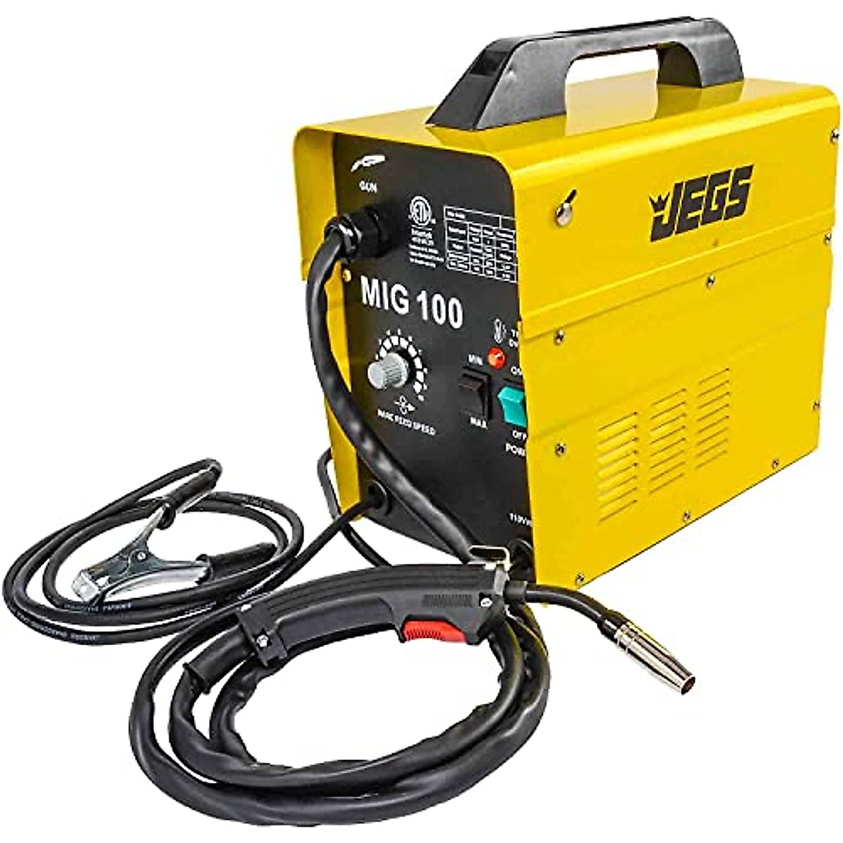 JEGS MIG 100 Gasless Welder - 110V AC - 20 Amps of Input Current - MIG Welder Includes Hand-Held Mask, Wire Brush, Spool of Wire, Welding Torch and One-Year Warranty - Simple Controls and Operation