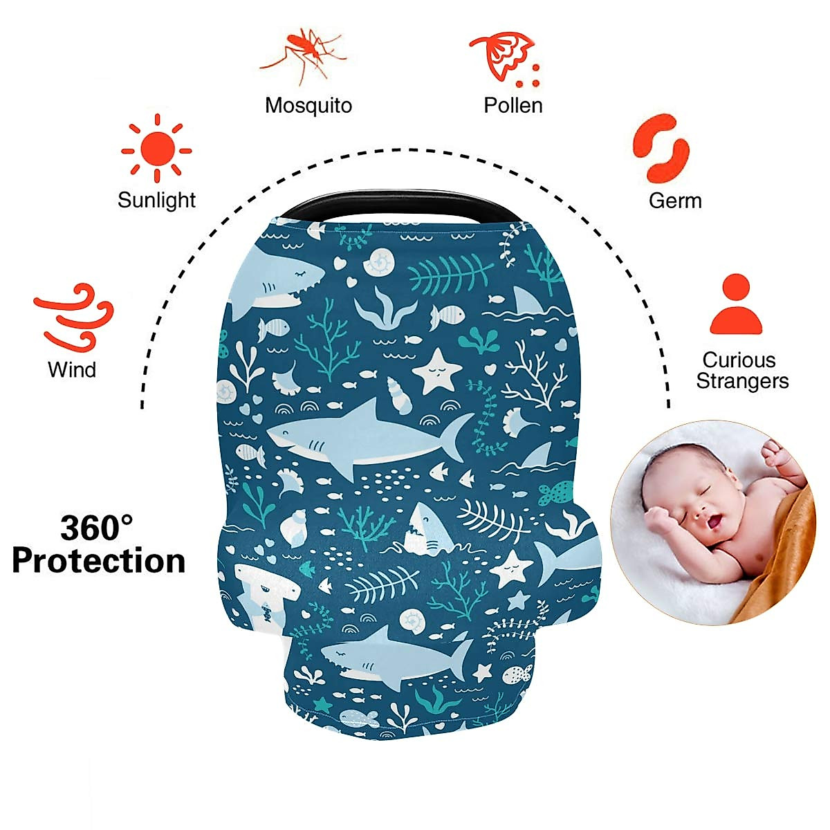 Nursing Cover Breastfeeding Scarf Cute Sharks - Baby Car Seat Covers, Stroller Cover, Carseat Canopy (801i)