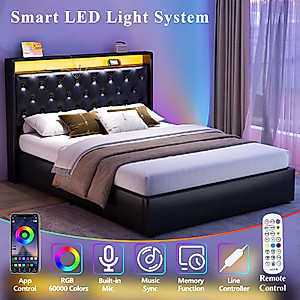 Loomie Queen Lift Up Bed Frame with Charging Station&LED Lights,Leather Upholstered Bed with Button Tufted Wingback Storage Headboard,Hydraulic Storage, No Box Spring Needed,Wood Slats Support (Black)