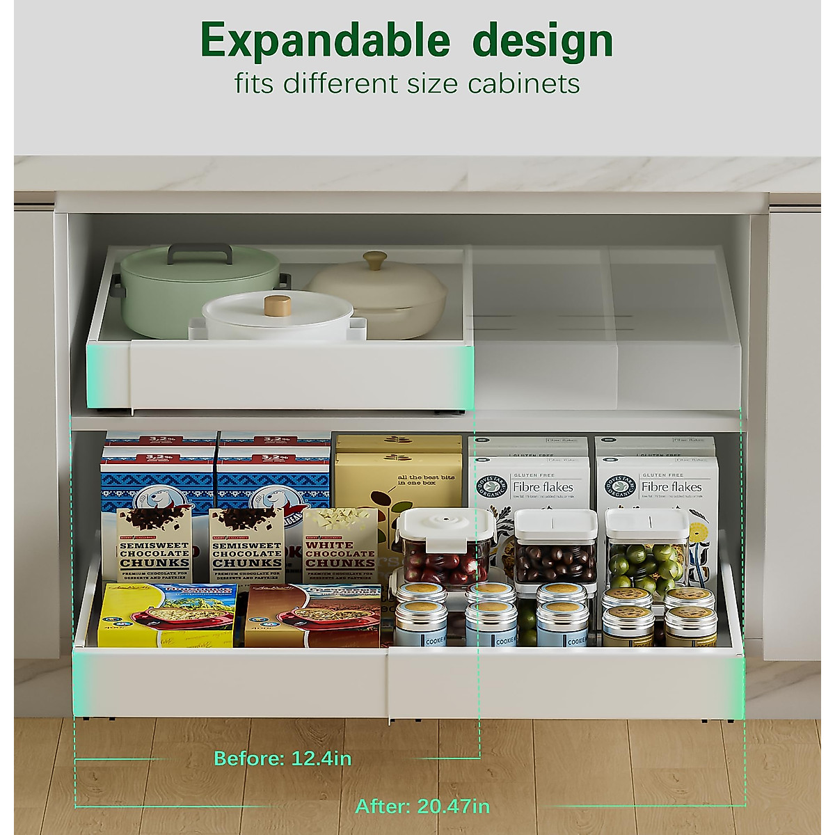 Seinloes 2 Pack Expandable Pull Out Cabinet Organizer 21" Deep, Upgrade 3 Slide Rails Slide Out Drawers for Kitchen Cabinets, No Drill Roll Out Shelves Adhesive, Adjustable Width 12.05"-20.4" White