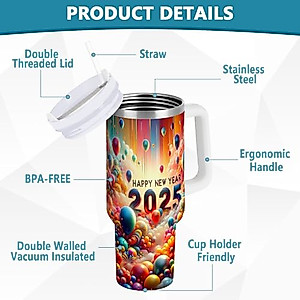 ODAWA New Year Balloons Water Tumbler with Handle and Straw Lid Insulated Coffee Cups 40 Oz Stainless Steel Tumblers