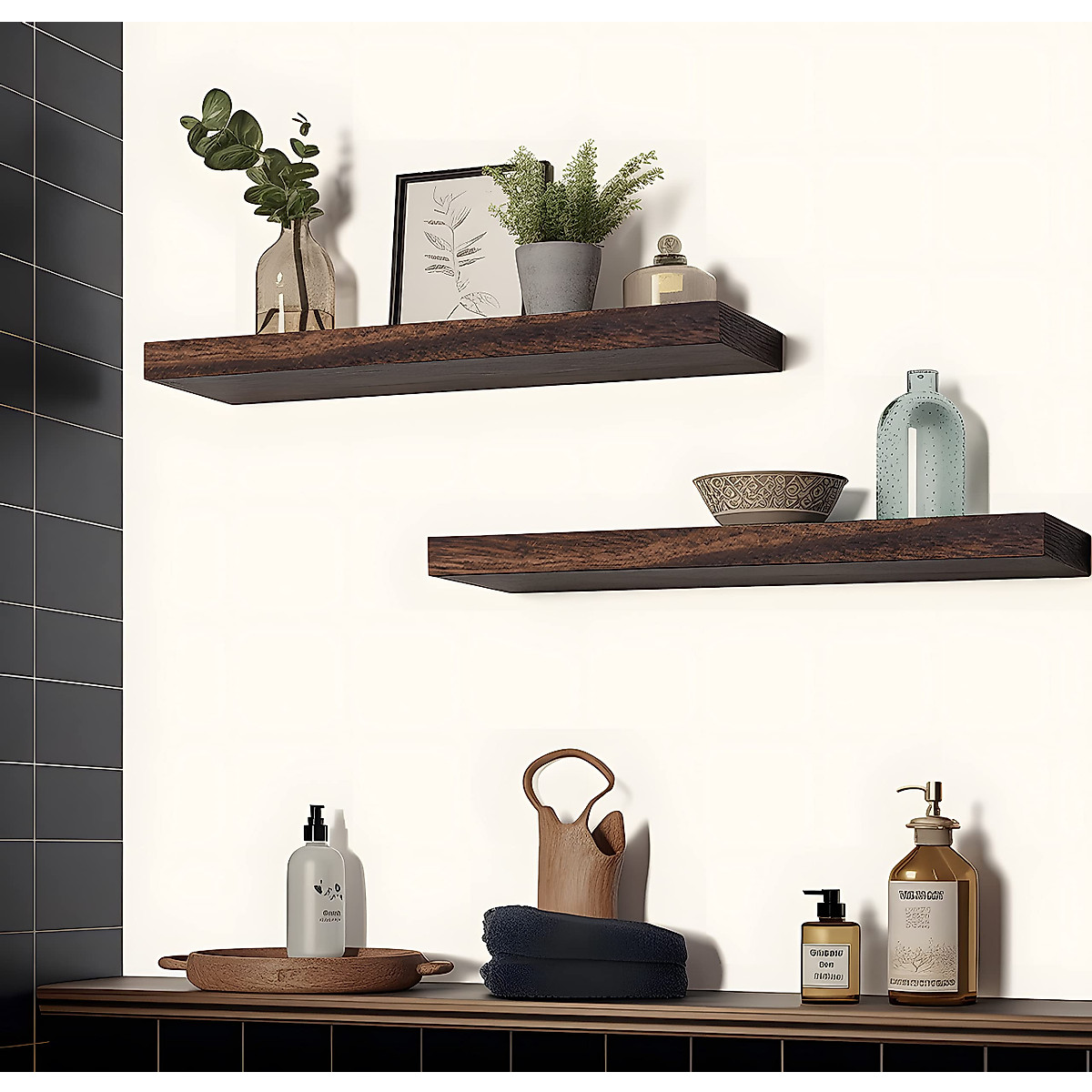 HXSWY Rustic Wood Floating Shelves for Wall Decor Farmhouse Wooden Wall Shelf for Bathroom Kitchen Bedroom Living Room Set of 6 Brown