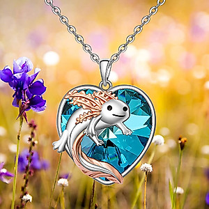 Axolotl Necklace for Women Sterling Silver Blue Heart Crystal Cute Mexican Axolotl Jewelry Charm Animal Necklace Pendant Christmas Gifts