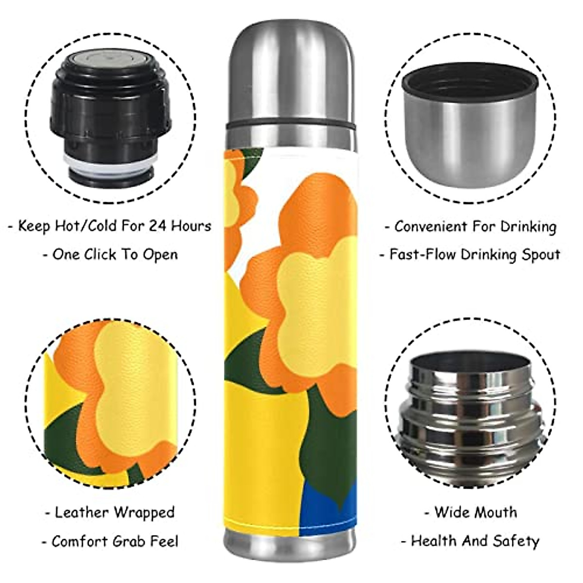 Stainless Steel Leather Vacuum Insulated Mug Flowers Thermos Water Bottle for Hot and Cold Drinks Kids Adults 16 Oz