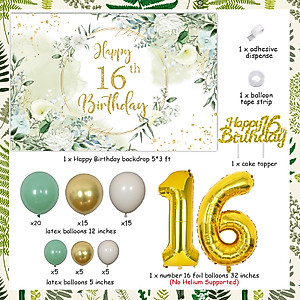 Sage Green Sweet 16 Birthday Decorations - Sage Green and Gold Balloon Garland Arch Kit with Happy 16th Birthday Backdrop, Cake Topper, Foil Balloon, Sweet 16 Birthday Decorations for Girls