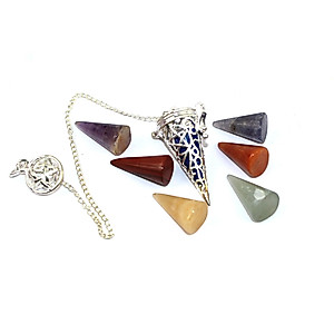 Jet International Jet Chakra Cage Pendulum 2" Free Booklet Crystal Therapy Interchangeable Chakra Cone Silver w/Pouch Divination Wicca Yes/No Pagan (Pentacle Star)