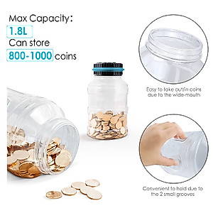 Large Piggy Bank for Boys Adults, Vcertcpl Digital Coin Counting Bank with LCD Counter, 1.8L Capacity Coin Bank Money Jar for Adults, Designed for All US Coins (Blue)