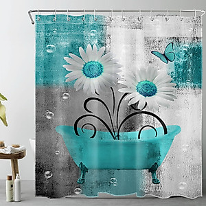LB Rustic Teal Floral Shower Curtain for Bathroom, Country Daisy Flower and Butterfly Fabric Shower Curtain with Hooks, Geometric Grey and White Bathroom Curtain Shower Set, 72" W x 78" L