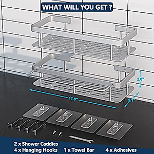 yolid Shower Caddy Adhesive Shower Organizer with Towel Rack and 4 Hooks, Rustproof Shower Shelves Rack for Shampoo Conditioner Bathroom Inside Shower Storage 2 Pack