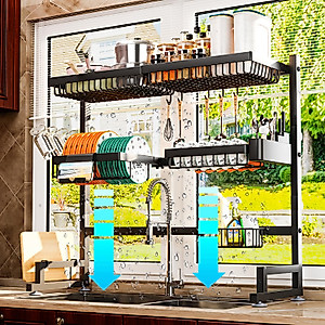 adoymiro Dish Drying Rack - Large Over The Sink Dish Drainer Drying Rack (30.0" to 33.9" W), Large Capacity Stainless Steel Dish Rack, Multifunctional Kitchen Organizers and Storage Rack, Black