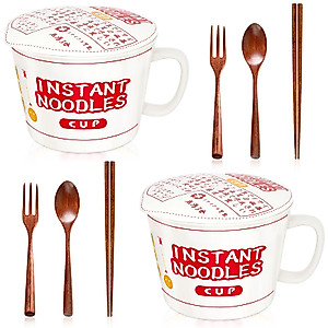 Tessco 2 Set 34 oz Ramen Bowl Instant Ramen Noodle Bowl Ceramic with Lid Japanese Ramen Bowl with Chopsticks Spoons Forks Cute Large Soup Bowl with Handle Ramen Lovers Gift