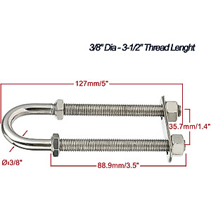 YaeMarine 2-Pack 3/8" Dia Stainless Steel Marine Boat Stern Bow Eye Tie Down U Bolt Thread Length 2-1/2", 3", 3-1/2" Option (3/8" Dia x 3-1/2" Thread Length, 5" Overall Length)