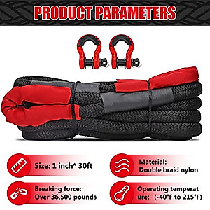 HEMDRE 1" x 30' Kinetic Recovery Tow Rope (36,500lbs), with 2 D Ring Shackles (41,500lbs), Tow Rope for Truck Heavy Duty, Offroad Recovery Kit for 4WD Pick Up Truck, SUV, ATV, UTV (Black)
