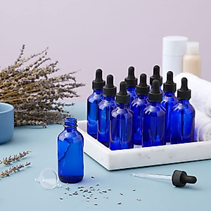 30 Pack 2 Oz Blue Glass Eye Dropper Bottles with 6 Funnels for Essential Oils, Travel Aromatherapy Perfume, Liquid Cosmetics (36 Pieces)