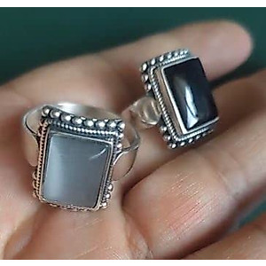 925 Sterling Silver Lucifer Morningstar Ring ~ White Cat's Eye & Black Onyx Turkish Ring (White Cat's Eye, 8)