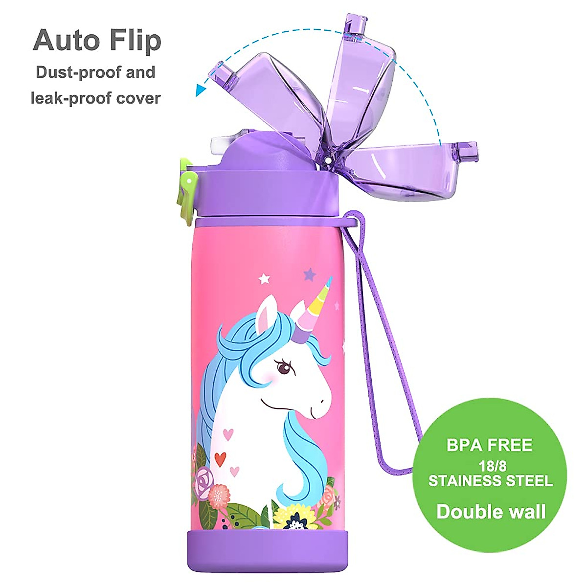 16 oz Insulated Water Bottle with Straw for Kids, Durable Stainless Steel & Leak Proof One Click Open Soft Sipper & Protective Silicone Boot (Unicorn)