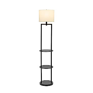 Catalina 19651-001 Mid-Century Modern Round Etagere Floor Lamp with Shelves and Linen Shade, 60", Black Classic