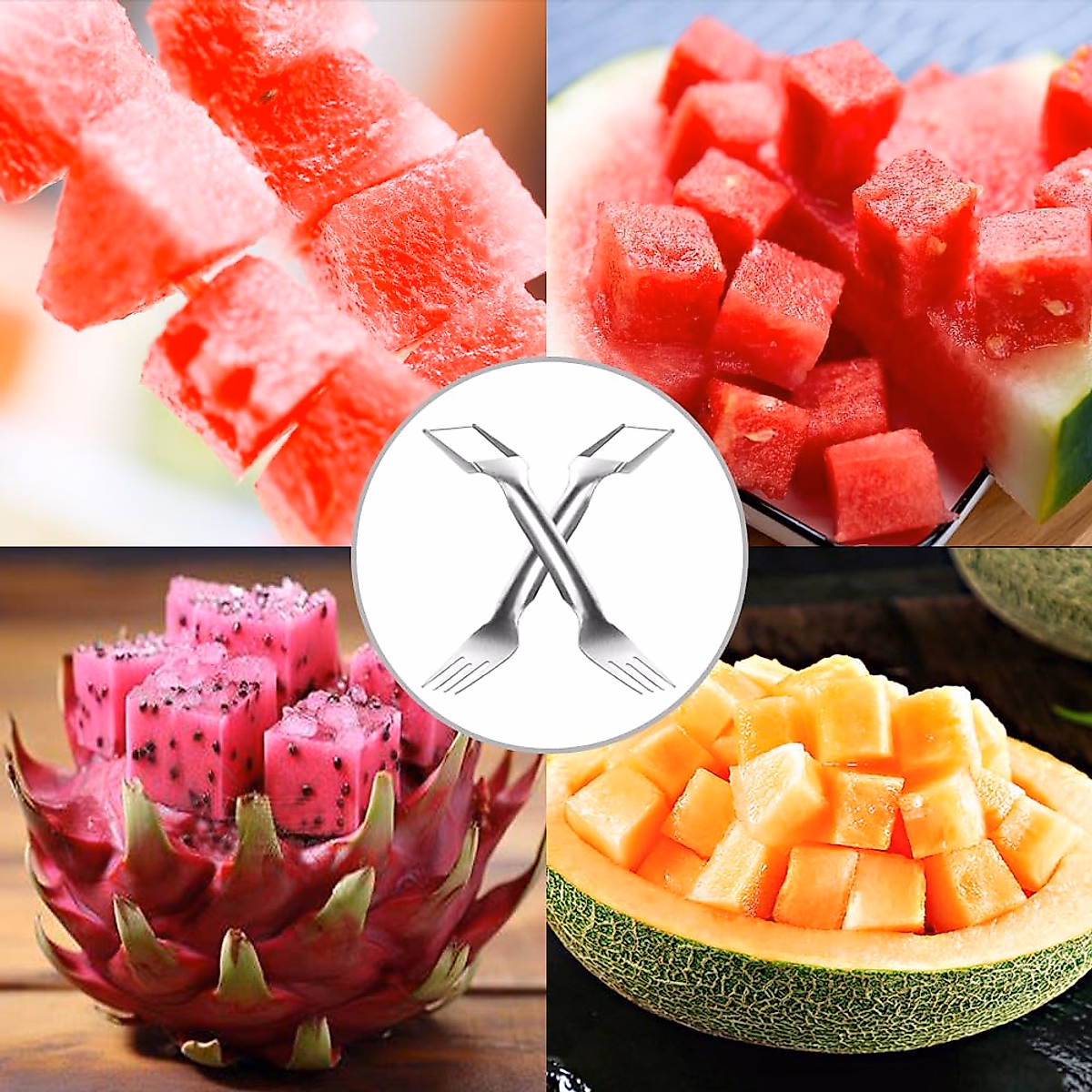 Watermelon Cutter - Watermelon Cutter Slicer Tool & Watermelon Fork 2-In-1, Stainless Steel Cut Watermelon Knife Melon Cutter Slicer, Cantaloupe Cutter for Home Party Camping Kitchen Gadget -1Pcs