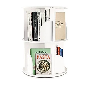 Rotating Bookshelf | Spinning Bookshelf | Small Bookshelf | 2 Tier Round Bookshelf | Plastic Bookshelf For Office Living or Kids Room | Revolving Bookcase | 360 Rotating Bookcase | White Bookshelf