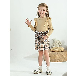 Weixinbuy 4t Girl Clothes Toddler Girl Clothes Fall Outfits Long Sleeve Turtleneck Knitted Sweater Top Plaid Mini Skirts Set Khaki 4-5T