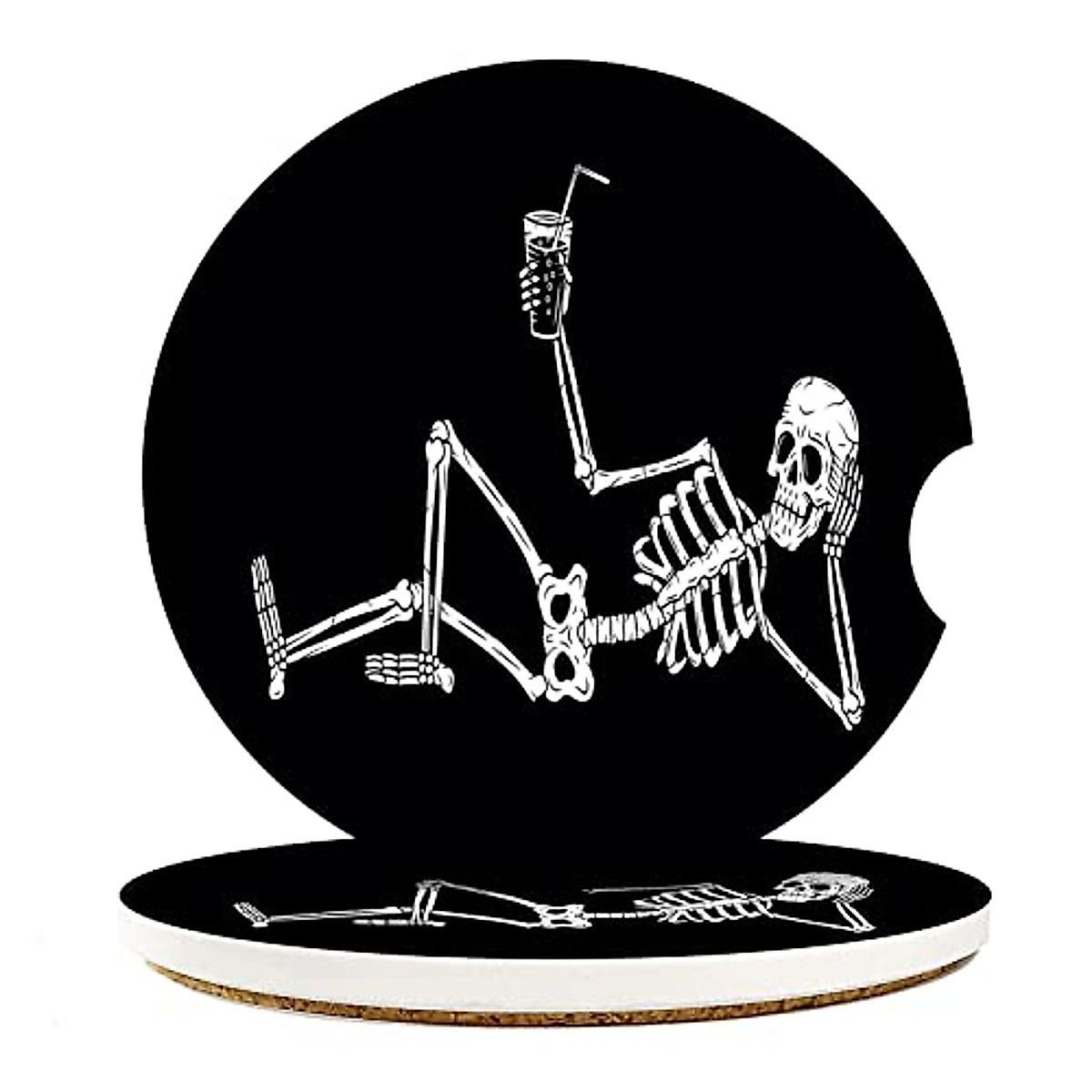 Car Coasters for Drinks Absorbent, 2 Pack Cup Holders, 2.56" Ceramic Stone & Non-Scratch Cork Base Coasters, Auto Accessories for Women & Men, Human Skeleton Cocktail Funny Skull