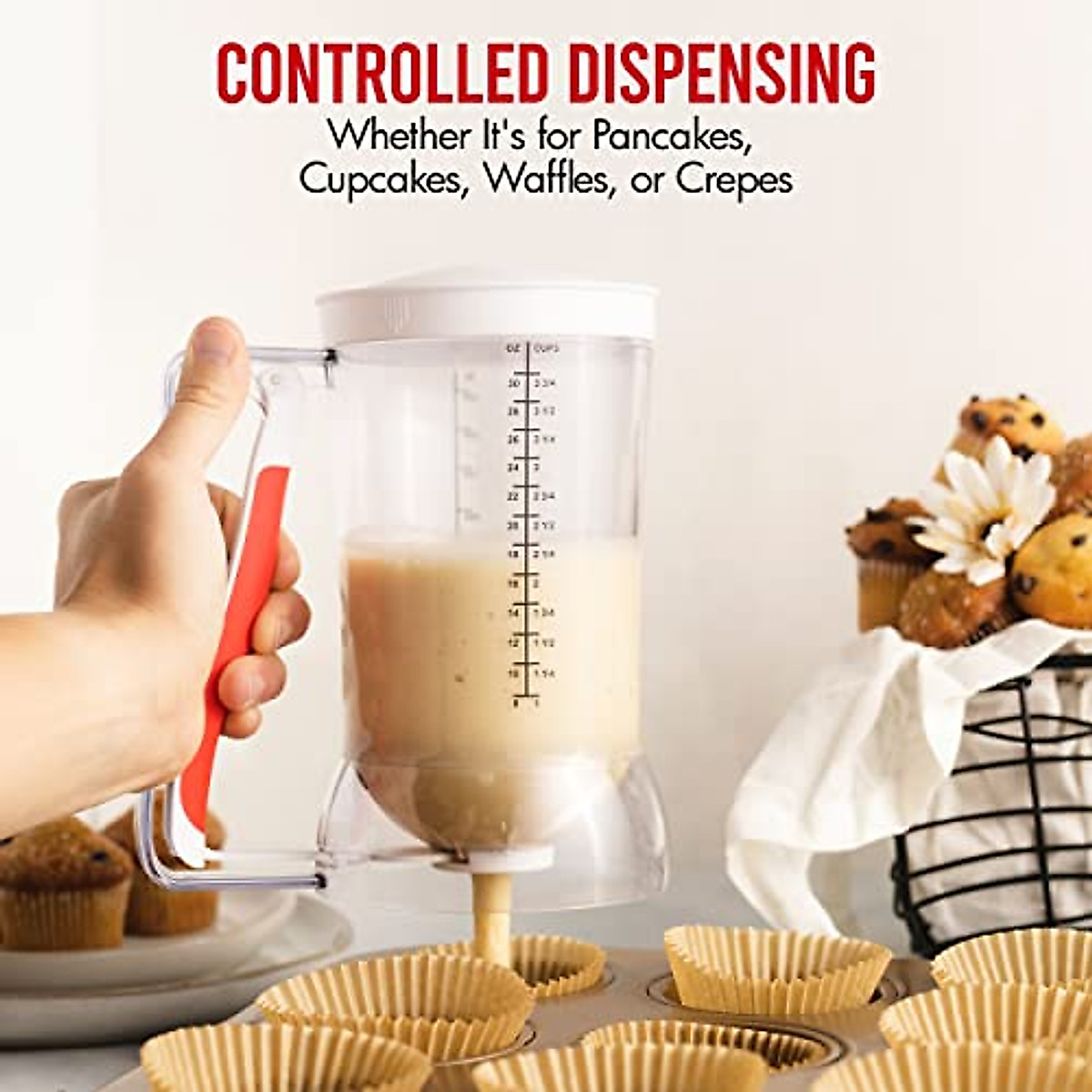 Dalup Enterprises Pancake Batter Dispenser - Kid Friendly & Mess Free Cupcake Batter Dispenser with Squeeze Handle for Precise Portion Control, Also Perfect for Waffles, Crepes, Cakes (4 Cup Capacity)