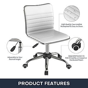 Our Modern Space 2 PACK Adjustable Ribbed Swivel Office Chair - Faux Leather, Low Back, Armless with Rolling Caster Wheels for Home, Office Vanity Dorm Workspace - WHITE
