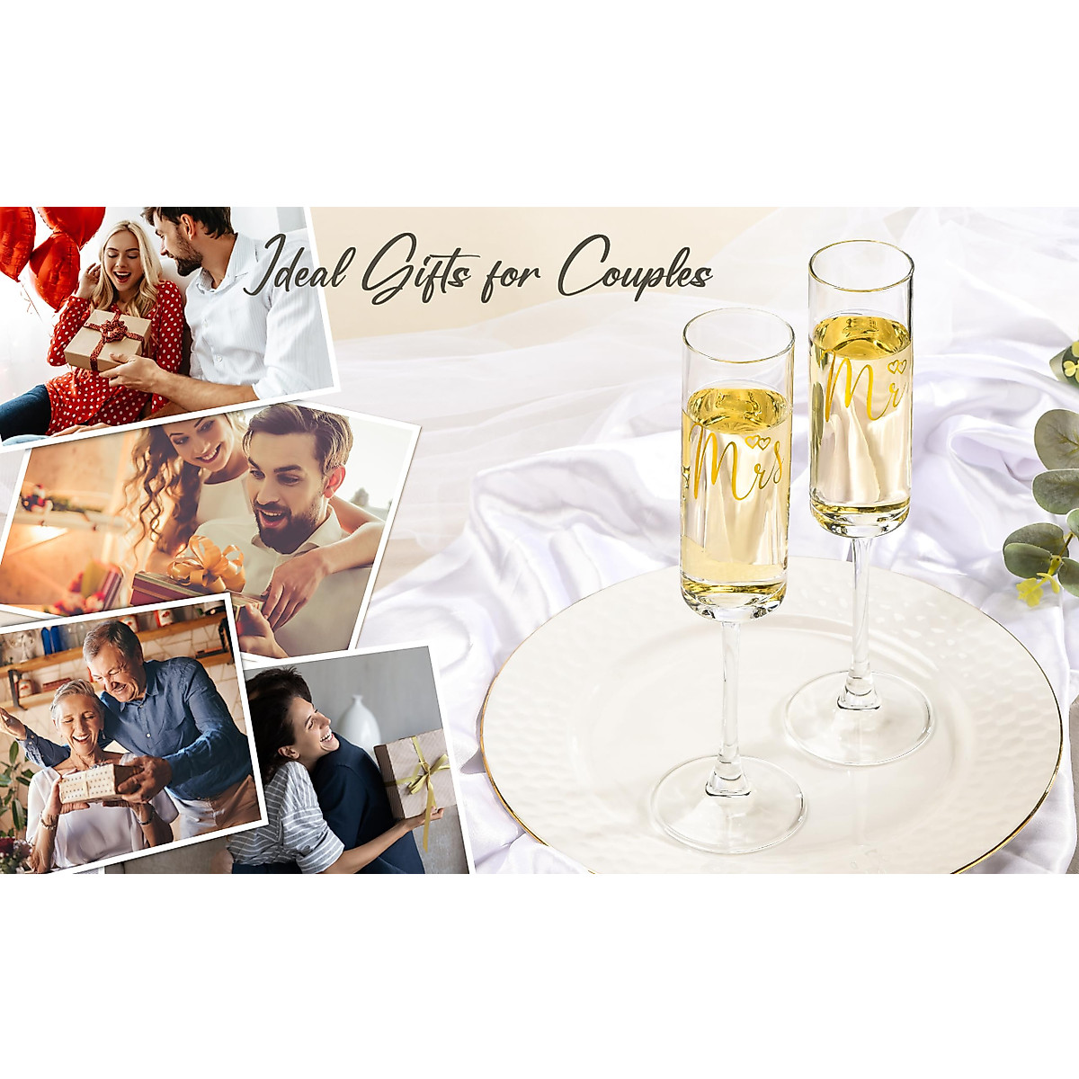 ROXBURGH Mr and Mrs Wedding Champagne Flutes, Bride and Groom Wedding Toasting Glass,Elegant 7oz Square Wine Glasses Set of 2, Bridal Shower for Wedding, Anniversary, Engagement for Couples