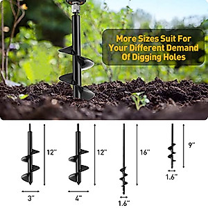 RVOREN Auger Drill Bit for Planting - Planting Auger for Cordless Drill, Black Bulb Auger 1.6″x9″, 1.6″x16″, 3″x12″, 4″x12″ Set for Garden Plants Bulbs