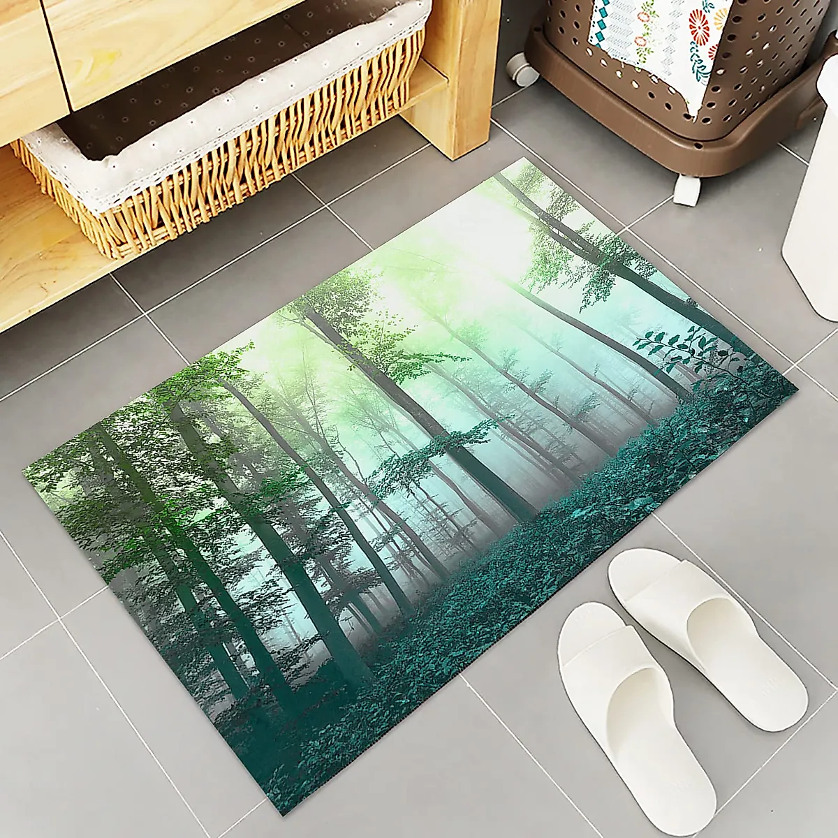 ALAGEO Fall Doormat Sunshine Teal Green Forest Door Mat Welcome Mats Entrance Floor Mat Trees Mist Fall Seasonal Harvest Thanksgiving Floor Mat Outdoor Indoor Runner Rugs Non-Slip Floor Mat 16"x24"